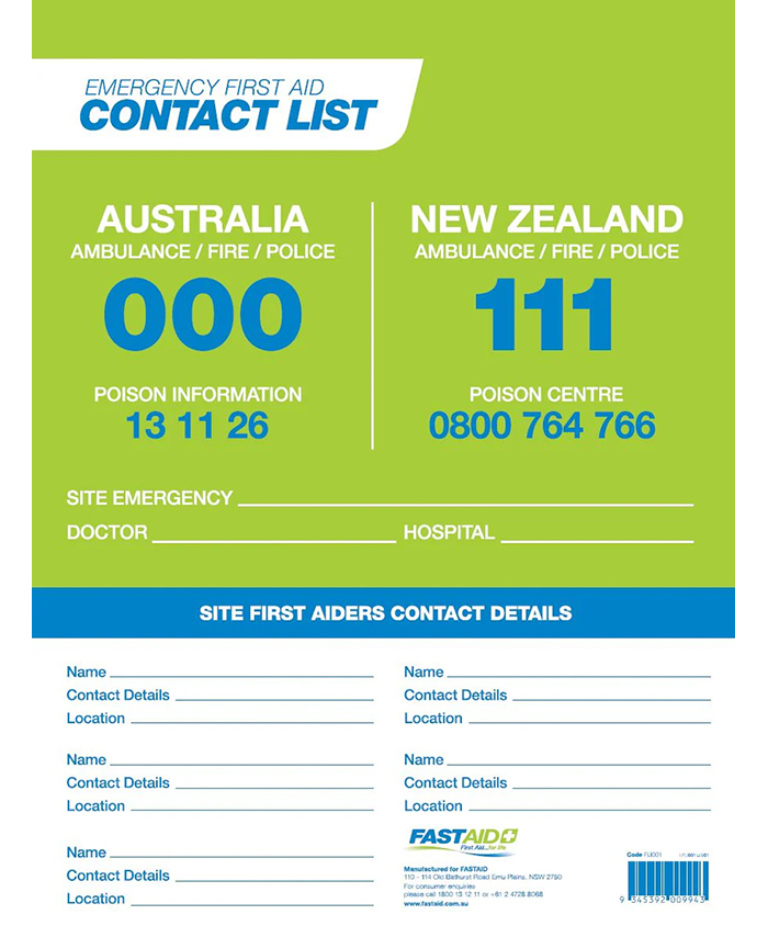 FIRST AID CONTACTS LIST, 600 X 400MM - FastAid